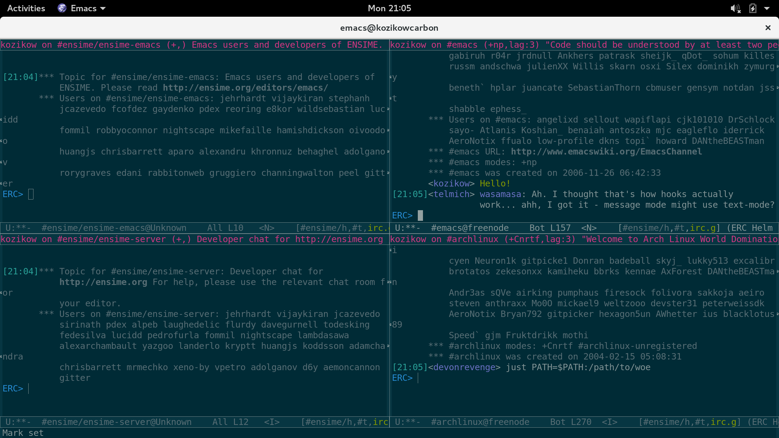 Set up ERC, Emacs IRC client, with automated windowed layout and ...